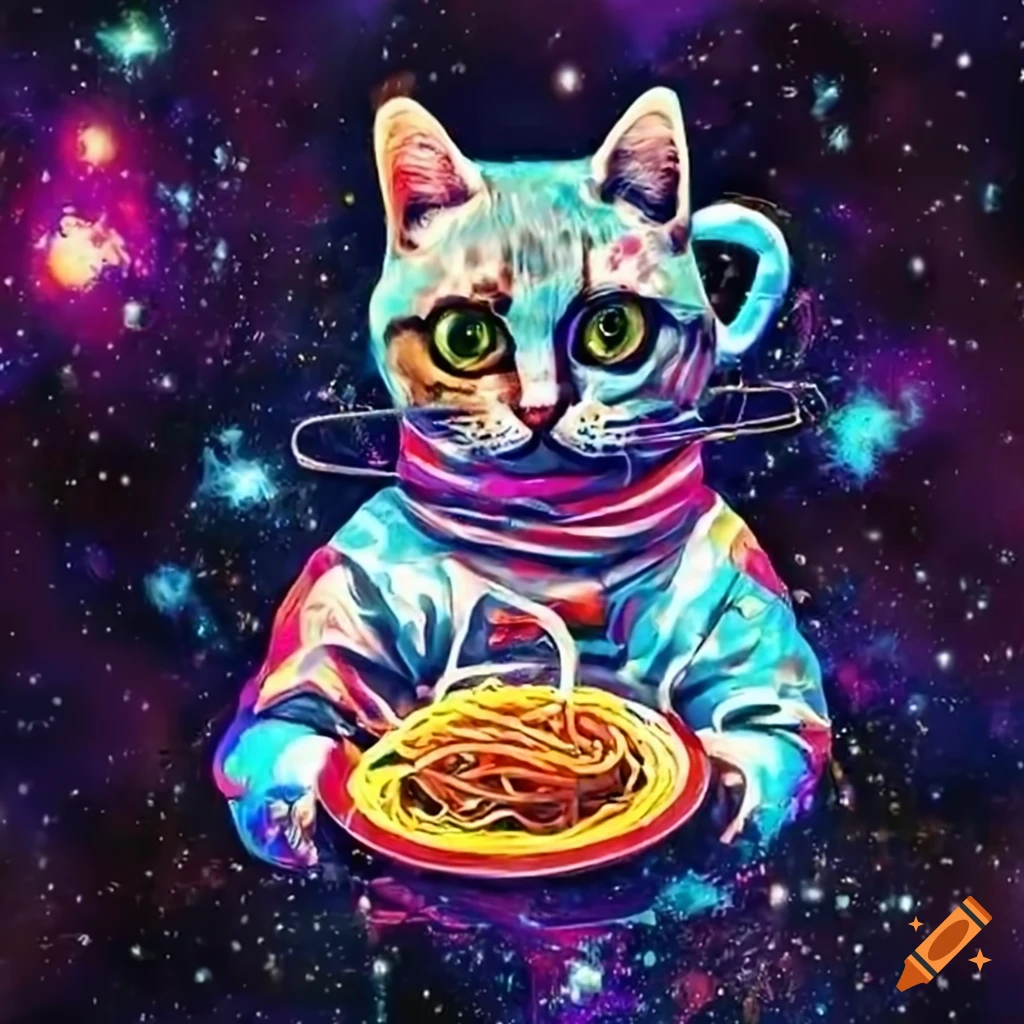 Astronaut cat in space eating spaghetti on Craiyon