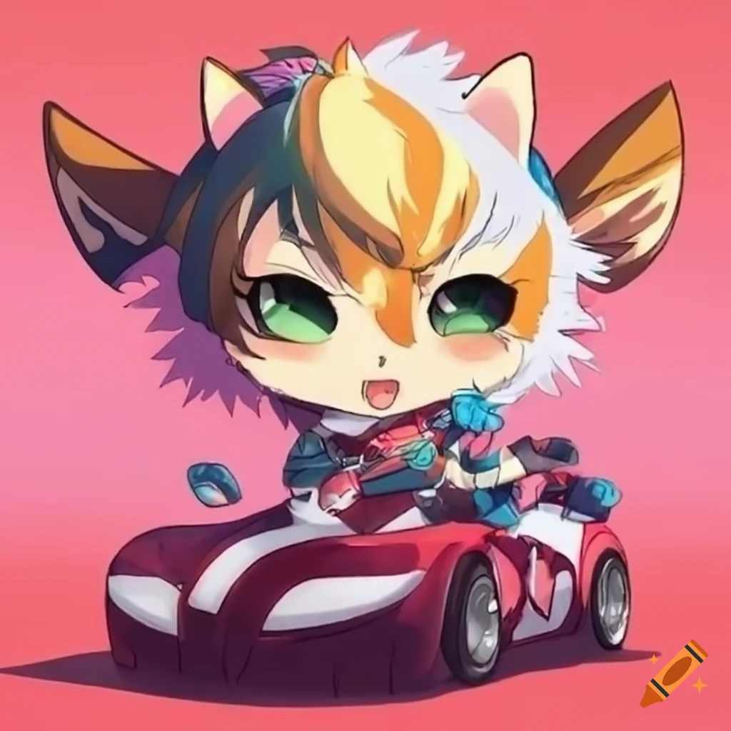 Anime characters racing cars with a cheering furry cat on Craiyon
