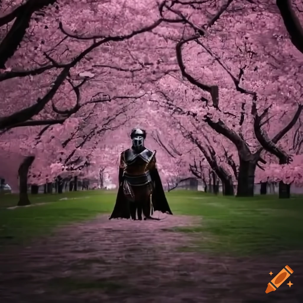 Knight in cool armor amid cherry blossoms on Craiyon