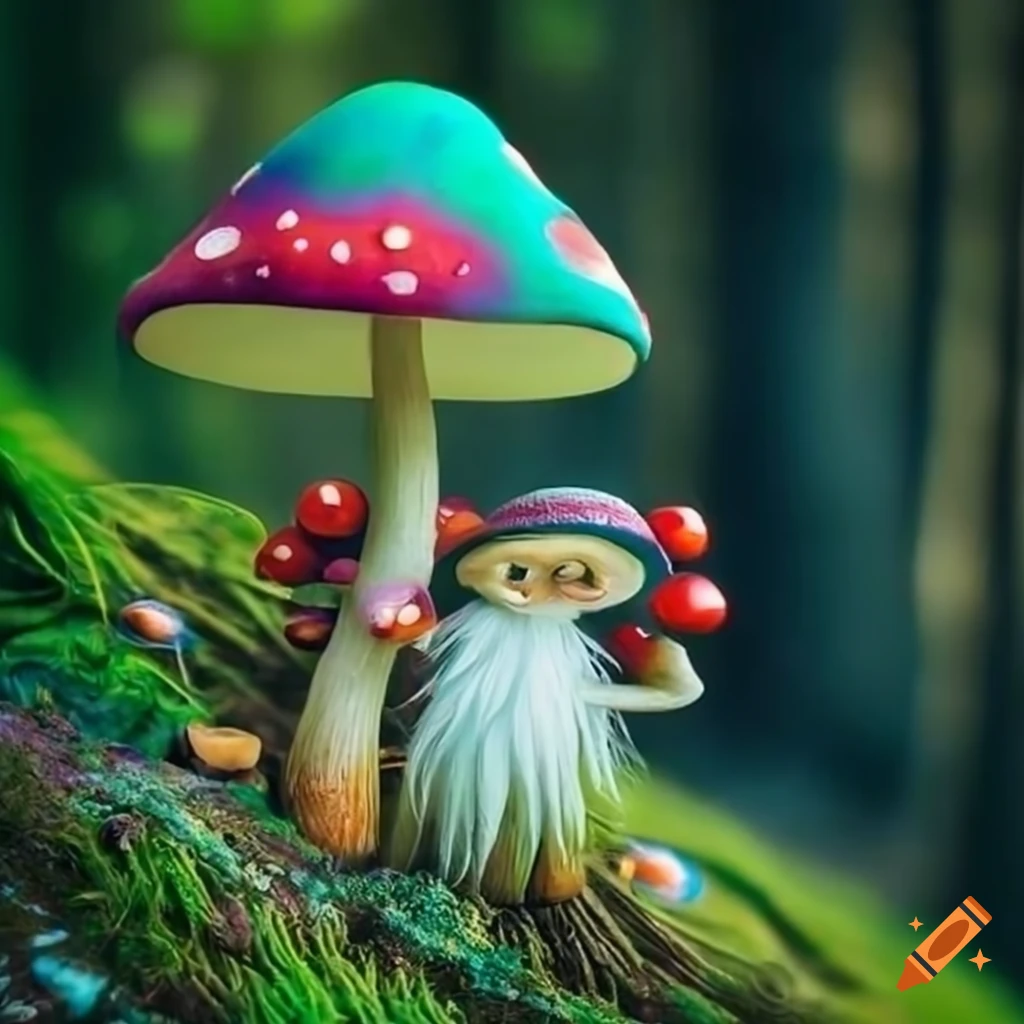 Enchanted forest with vibrant mushrooms and gnome creatures on Craiyon