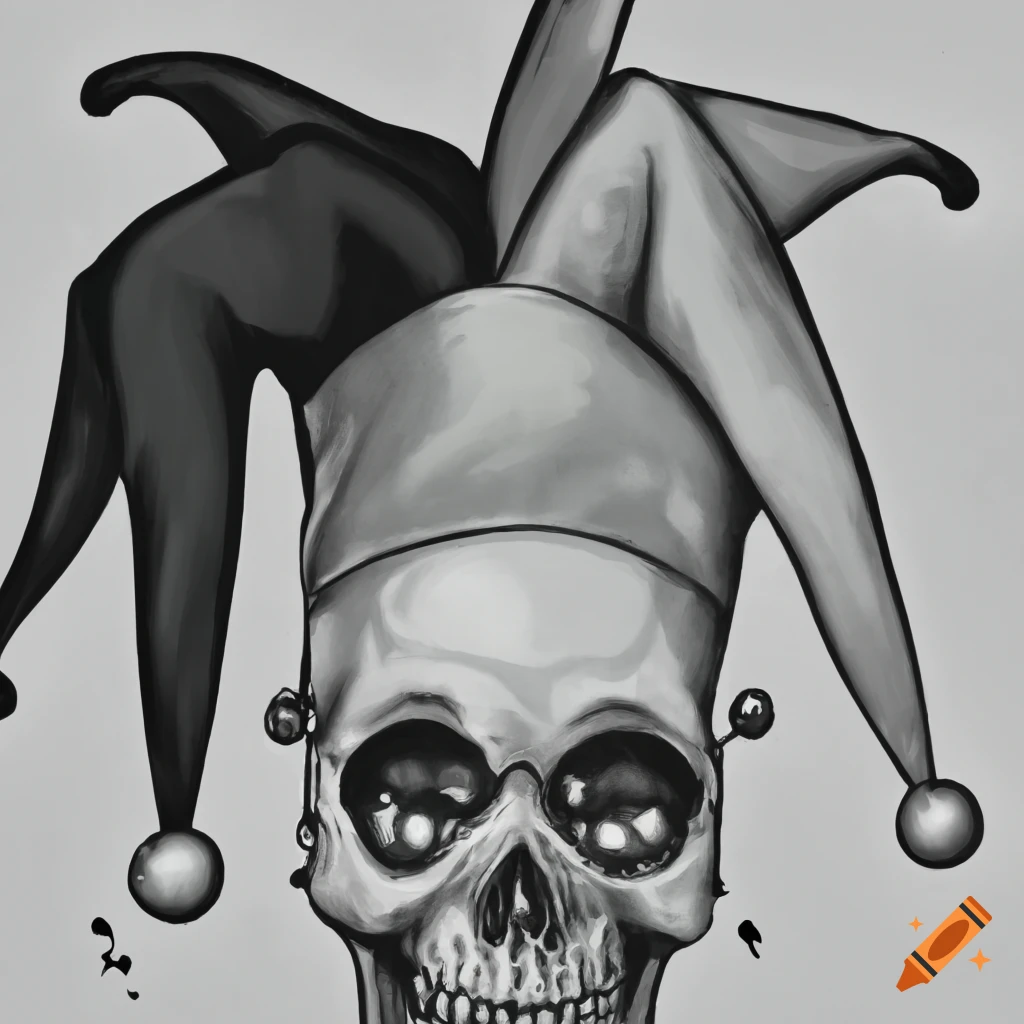 Skull wearing a jester hat with bells in black and white on Craiyon
