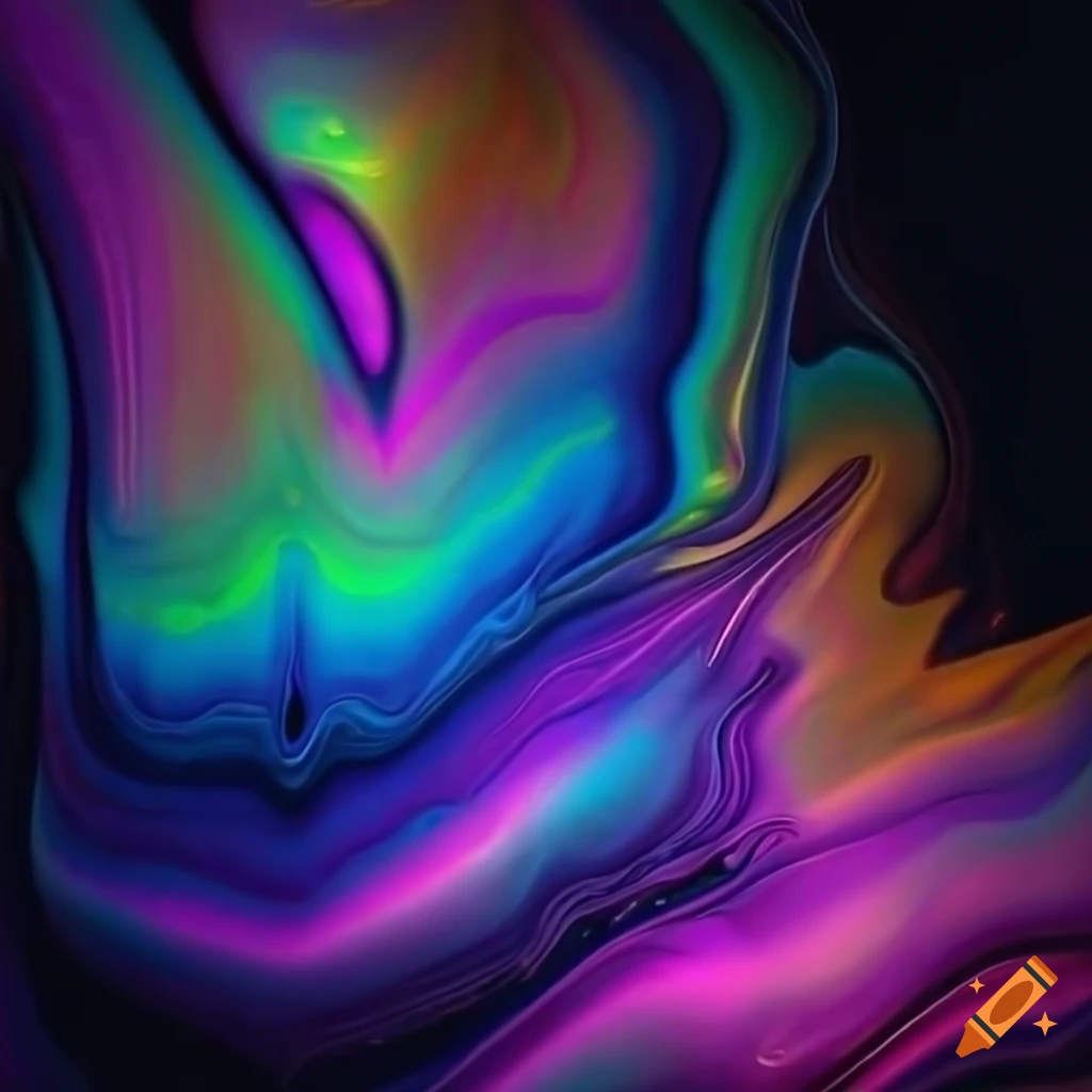 Iridescent shimmering liquid trickling down a dark surface like ...