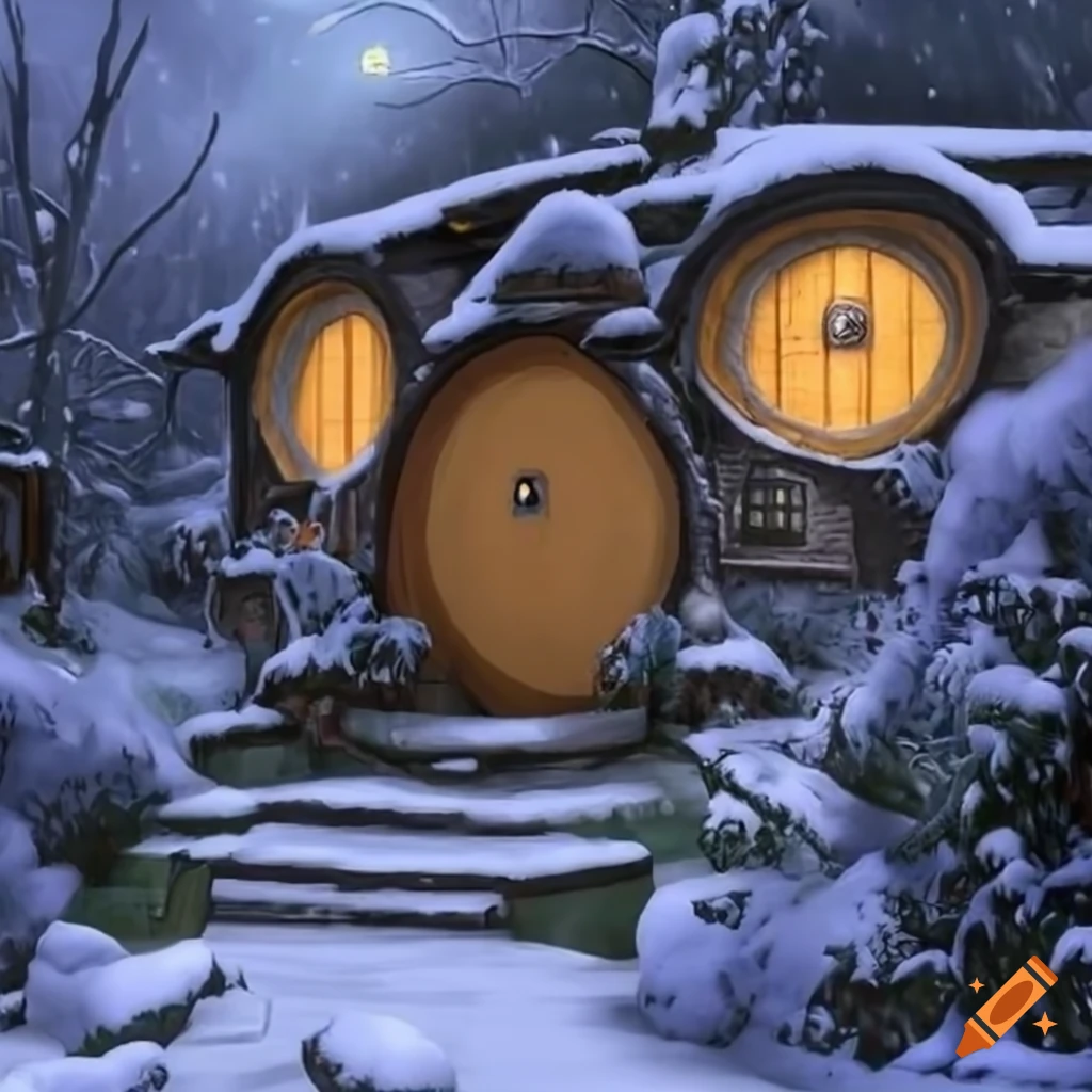 Winterwonderland in a fantasy forest with a hobbit house, stairs, and a ...