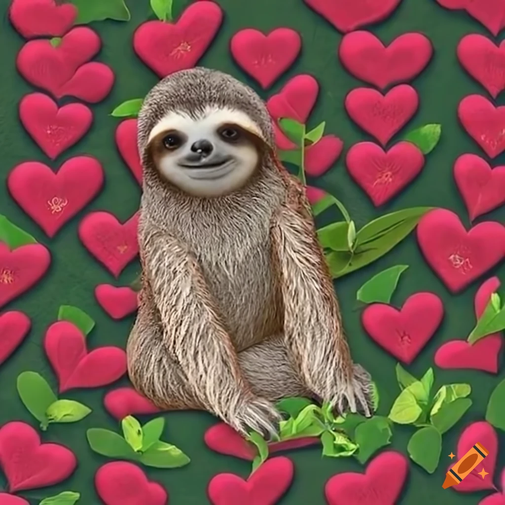 Cute sloth surrounded by heart-shaped flowers and leaves on Craiyon