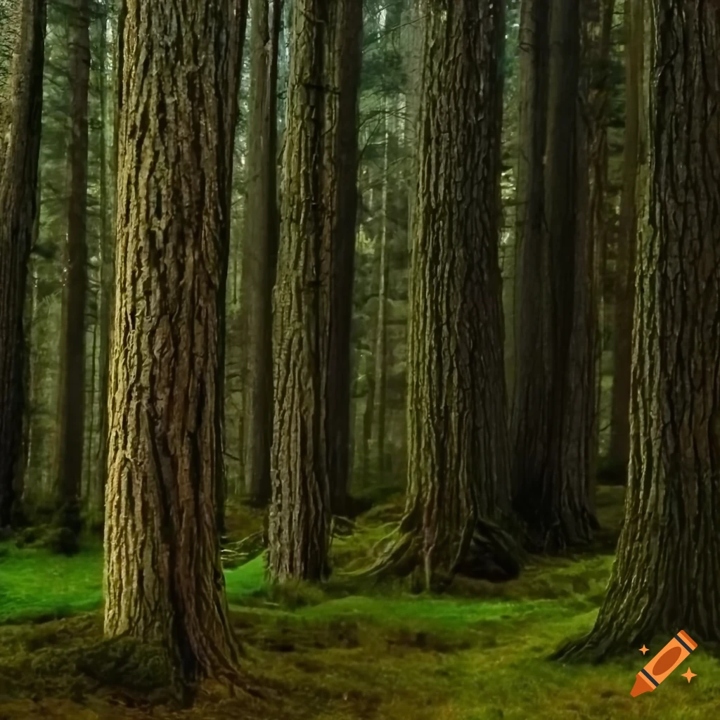 Forest with spruce trees during evening time on Craiyon