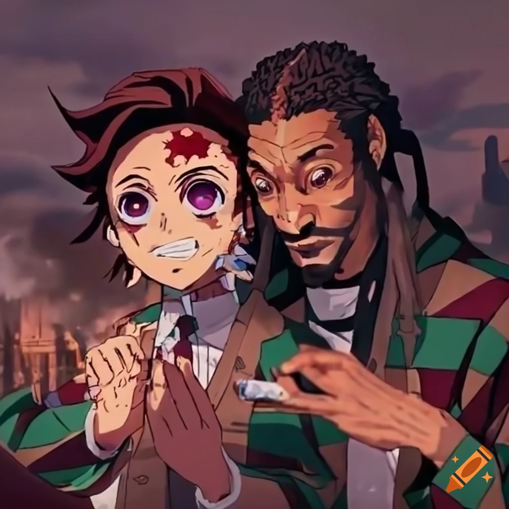 Tanjiro and snoop dogg enjoying a smoke in a limo on Craiyon