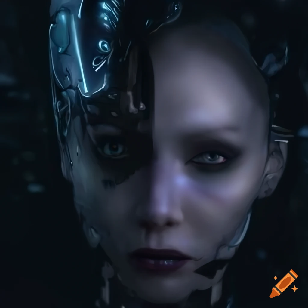 Close-up of a female cyborg goddess in a dark cyberpunk cityscape on ...