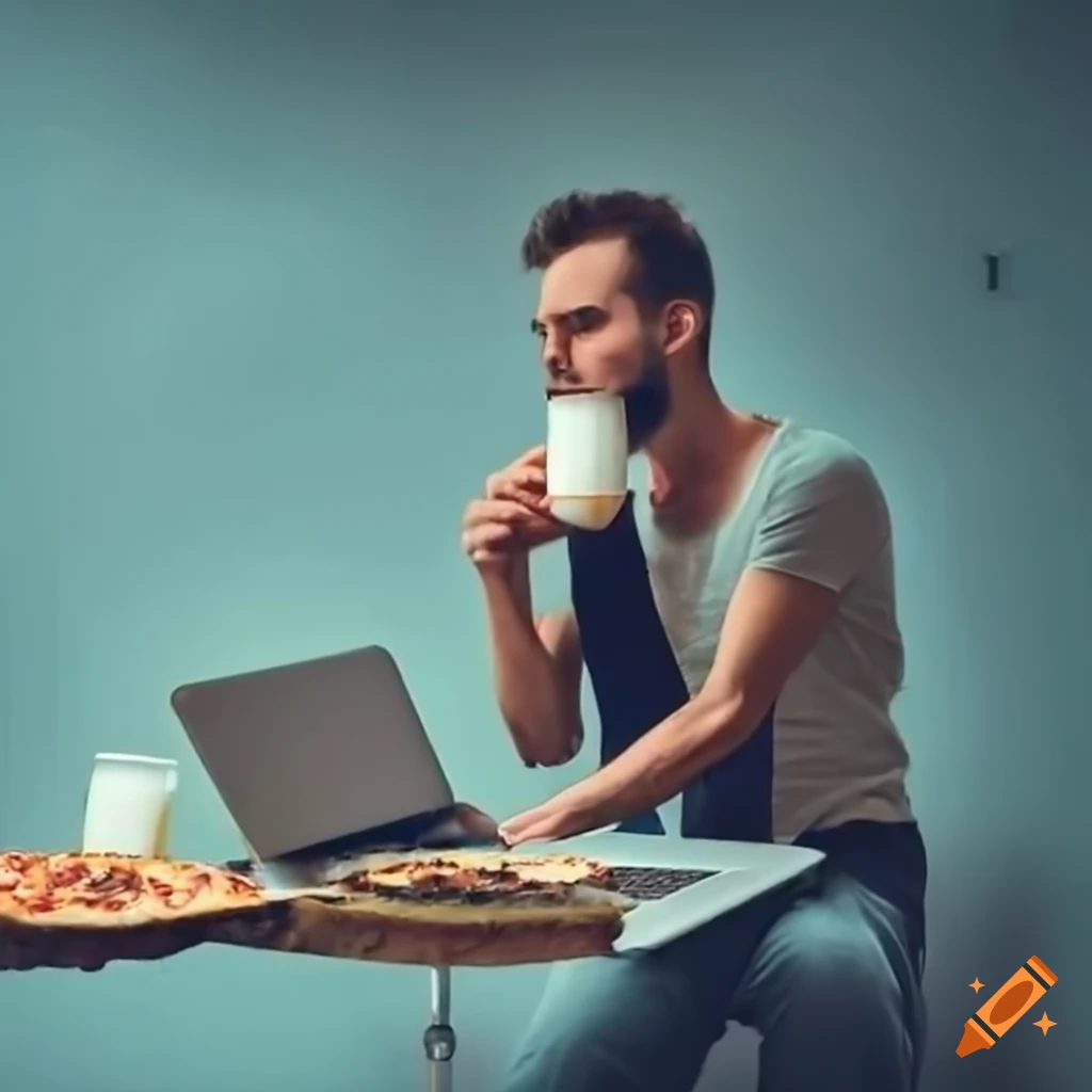 Man with laptop and pizza staring at wall on Craiyon