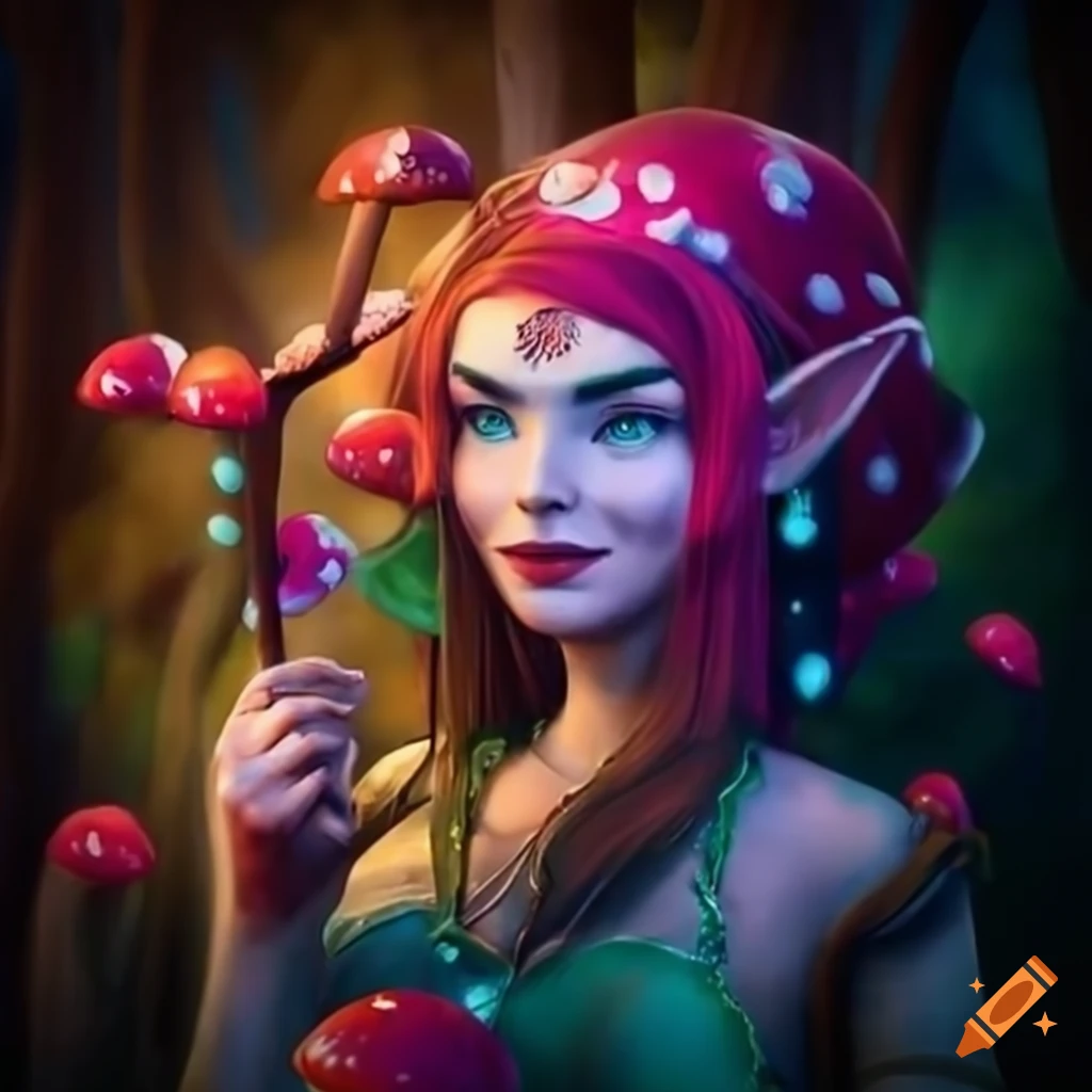 Enchanted forest with vibrant mushrooms and smiling female machine ...