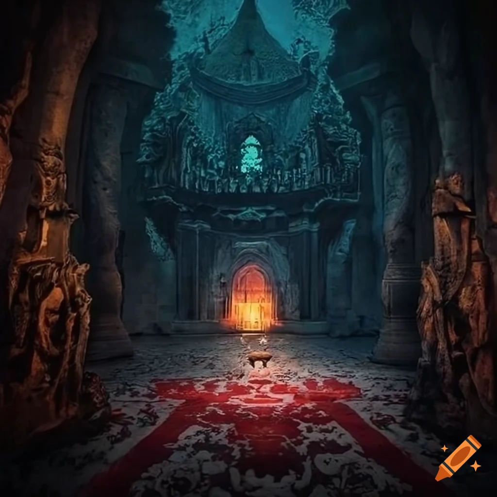 Dark cave with gothic lanterns resembling a castle interior on Craiyon