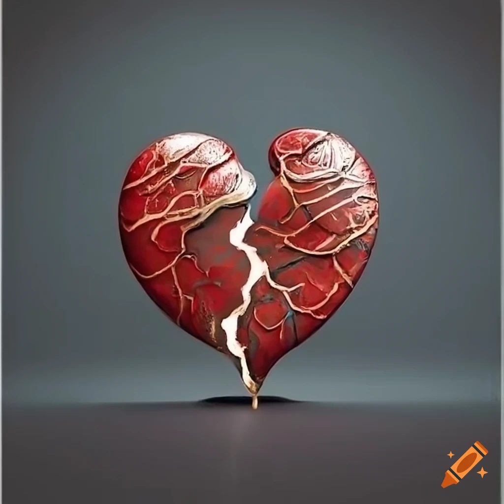 Delicate red broken heart repaired with intricate Kintsugi gold art on ...
