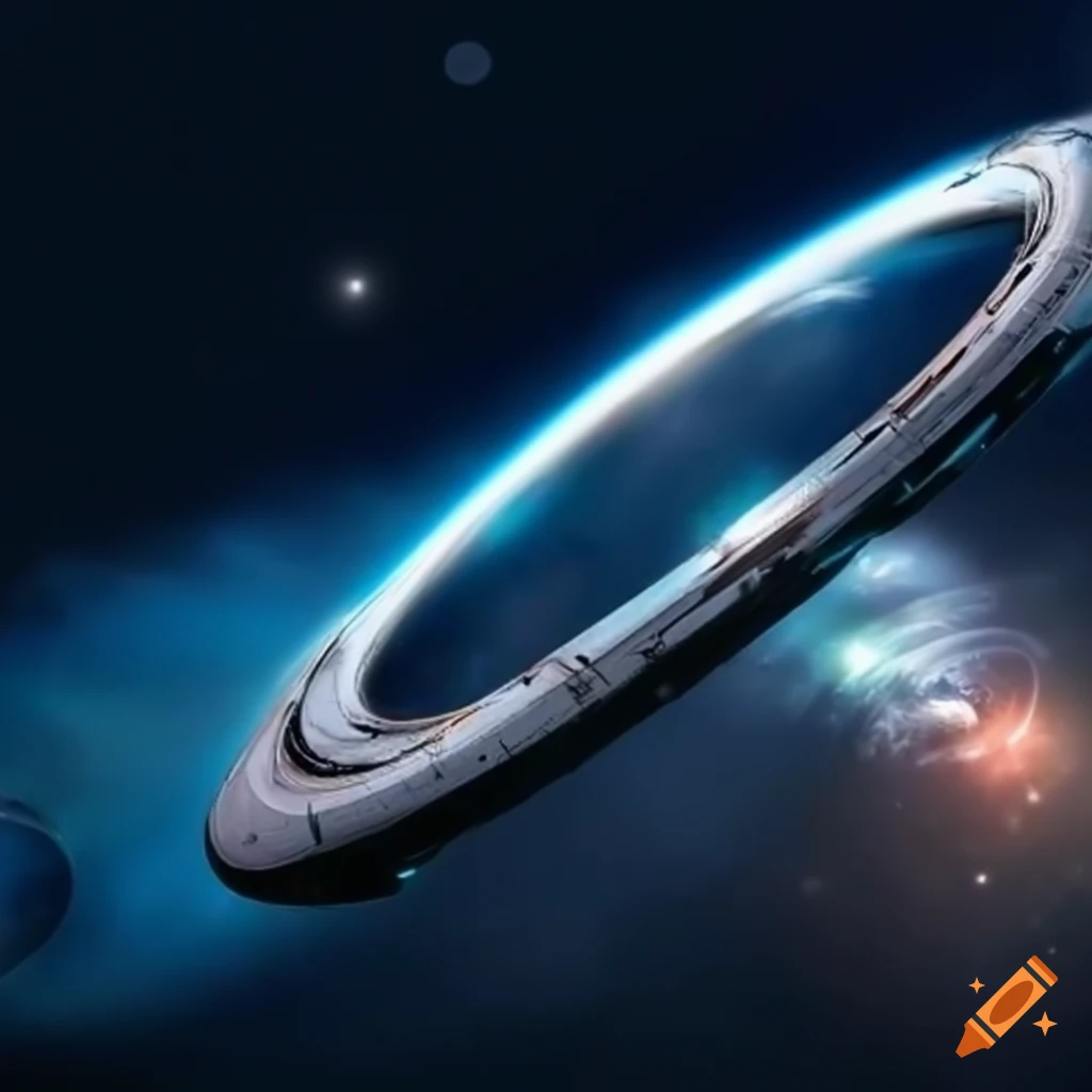 Futuristic ring-shaped station in space near a planet on Craiyon