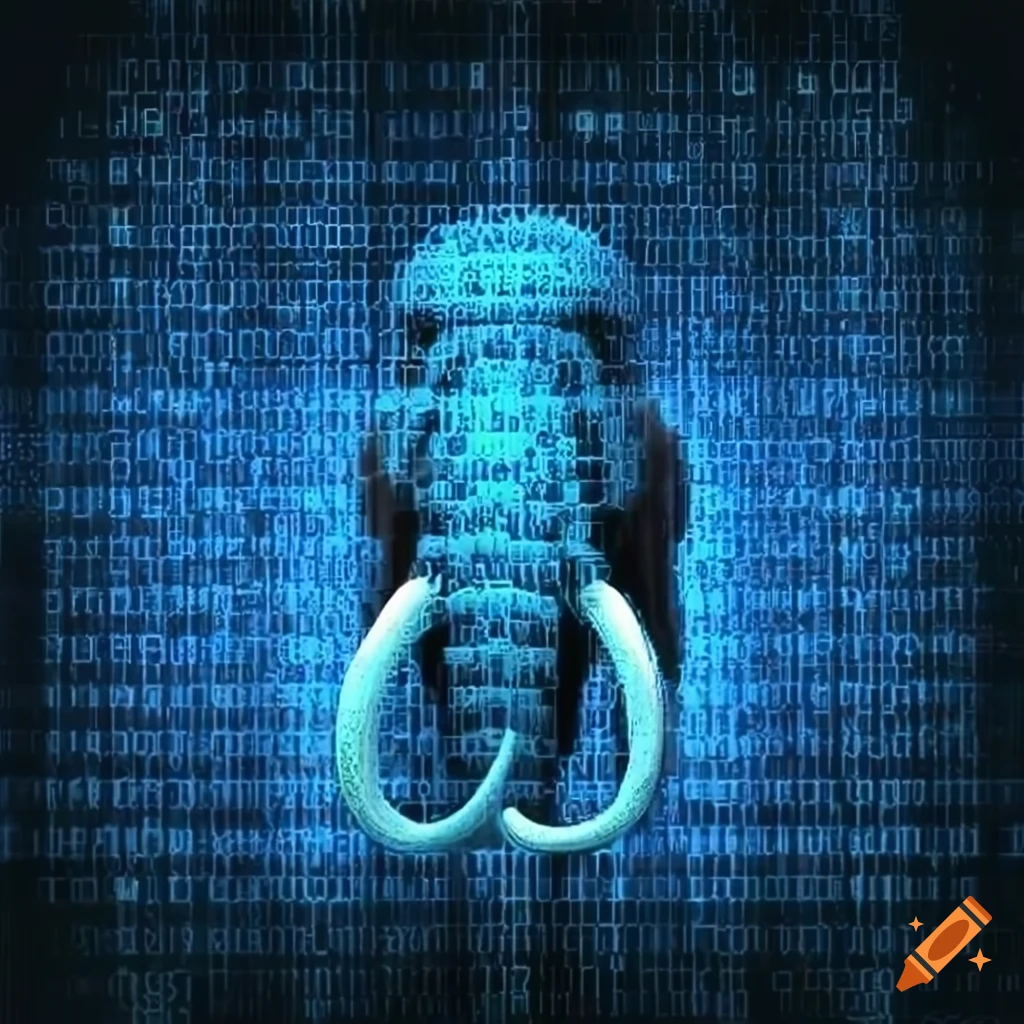 Mammoth made of data in a binary code field with glowing blue grid on ...