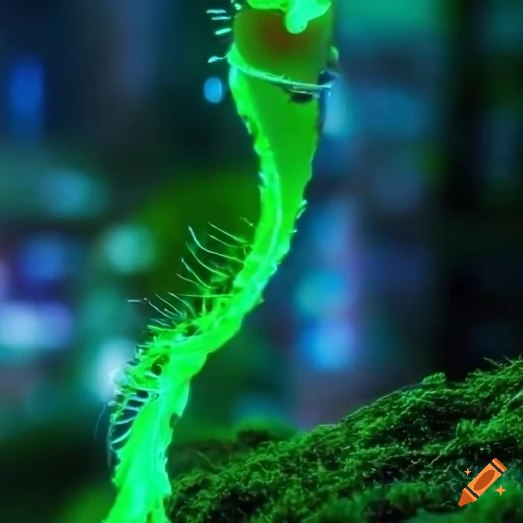 Biopunk Venus flytrap creature in a moss-covered cityscape with ...