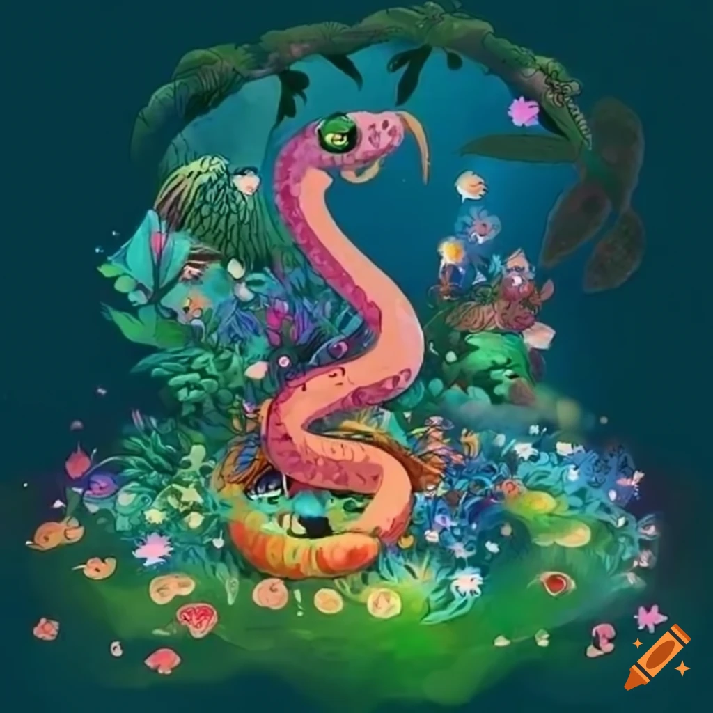 Magical snake in an enchanted garden with vibrant flowers and ...
