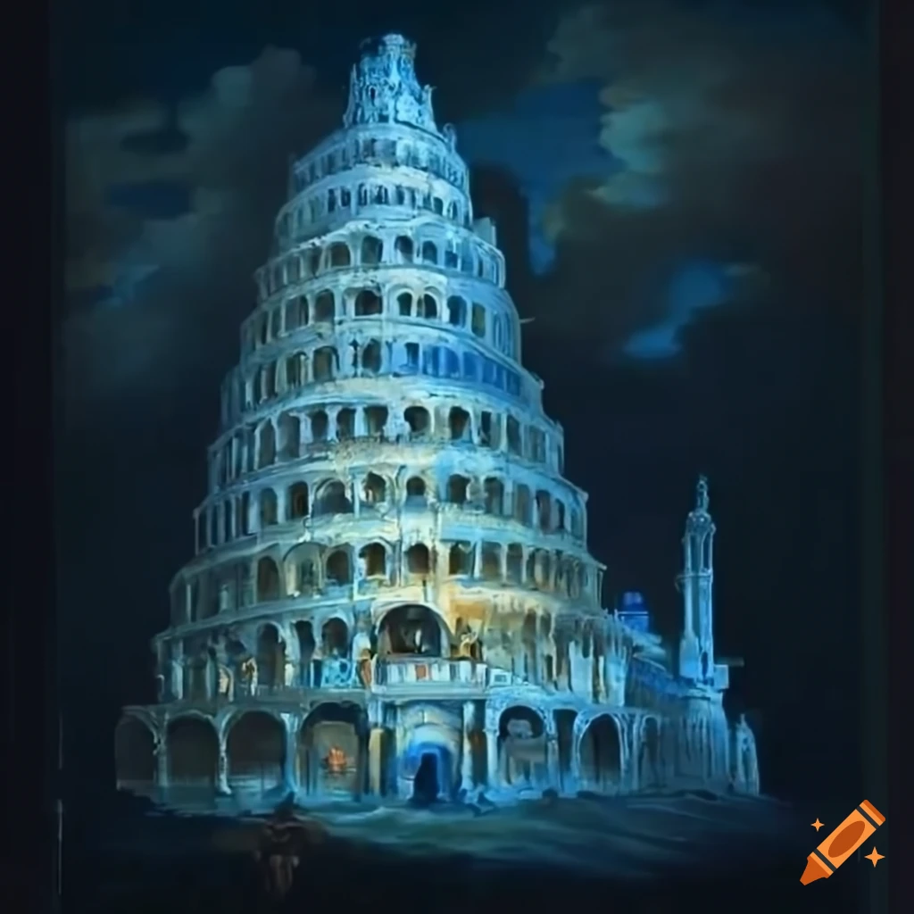 Blue rococo painting of the tower of babel with computer code on Craiyon