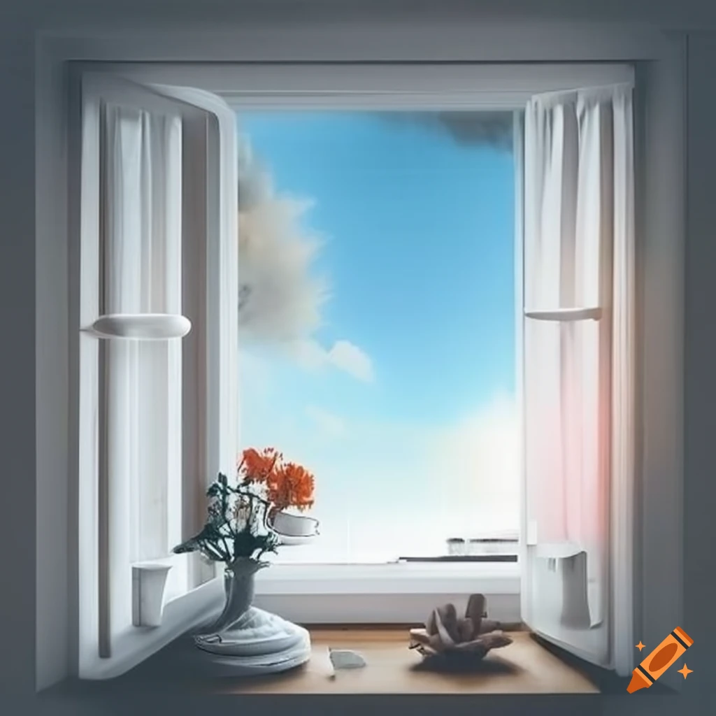 Open white window with a cozy landscape view on Craiyon
