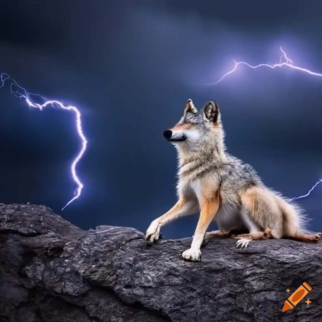 Fantasy wolf flying through lightning and storm on Craiyon