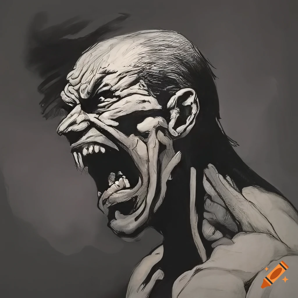 Screaming angry superhero in detailed black and white pen and ink art ...