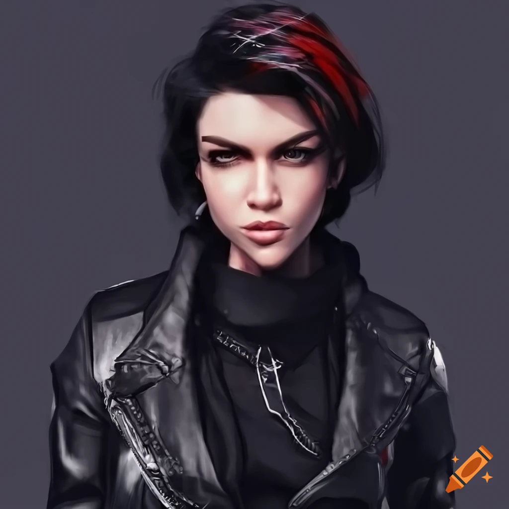 Ruby Rose in black cyberpunk attire on Craiyon