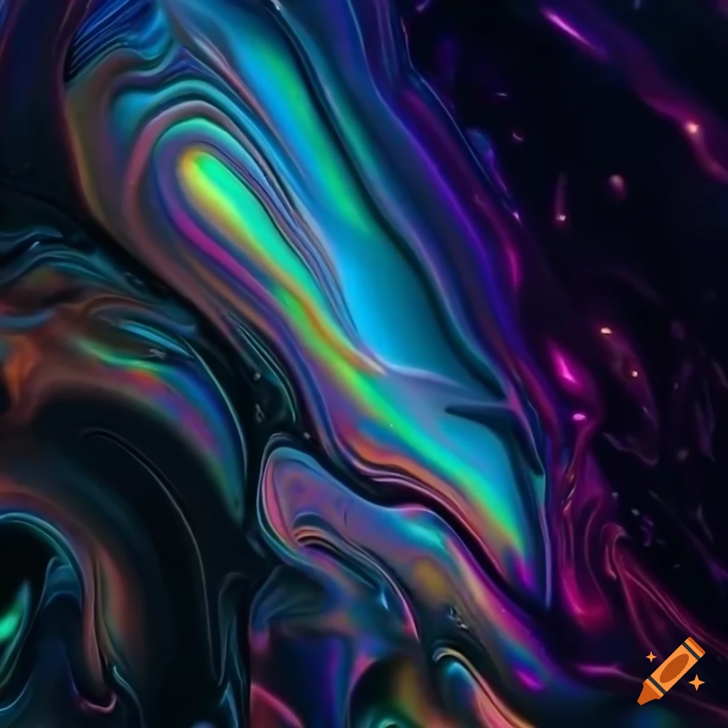 Iridescent liquid trickling down a dark surface like diamonds on Craiyon