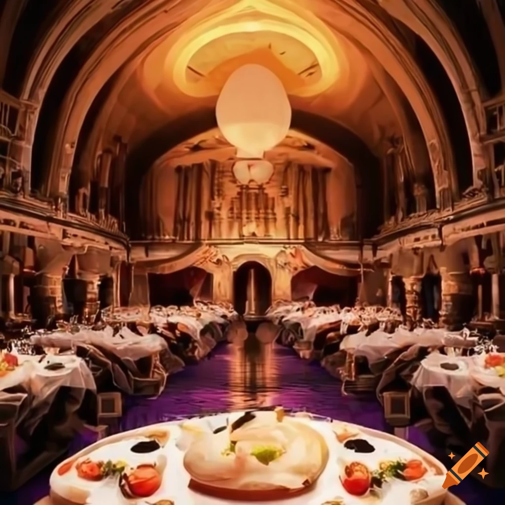 Banquet hall in an impossible dimension with a giant table filled with ...