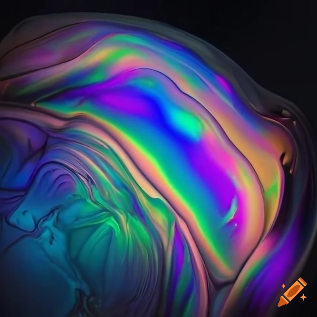 Iridescent shimmering liquid trickling down a dark surface like ...