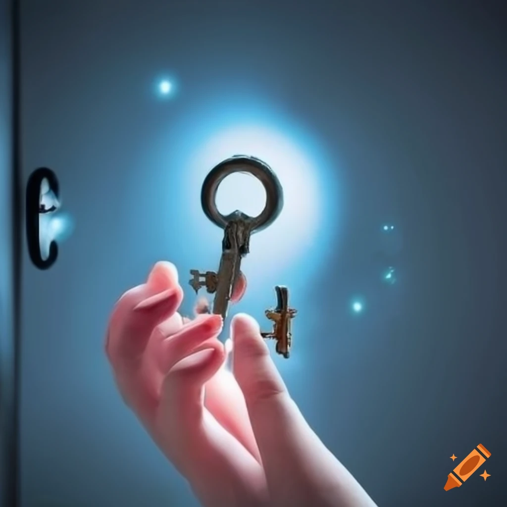 Human hand holding a key near a keyhole with light, universe background ...