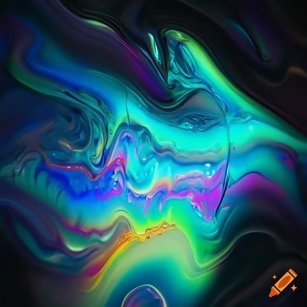 Iridescent liquid trickling down dark surface resembling diamonds on ...