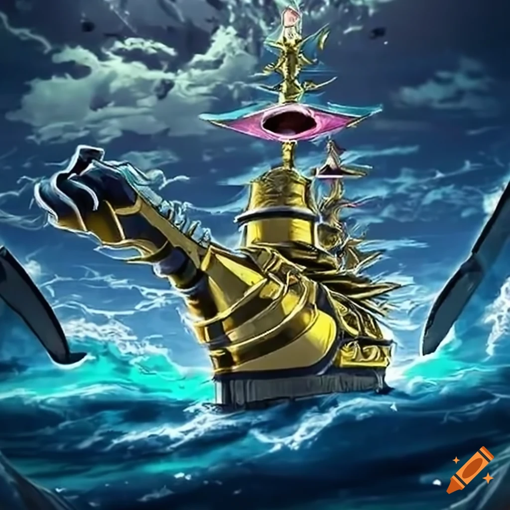 Yu-gi-oh! battleship with a golden elephant figurehead sailing in open ...