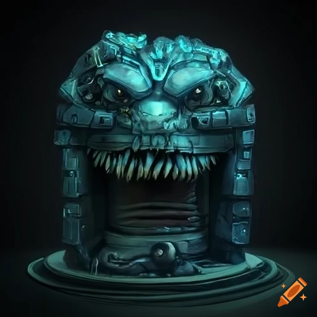 Futuristic treasure chest monster in a well-lit and realistic setting ...
