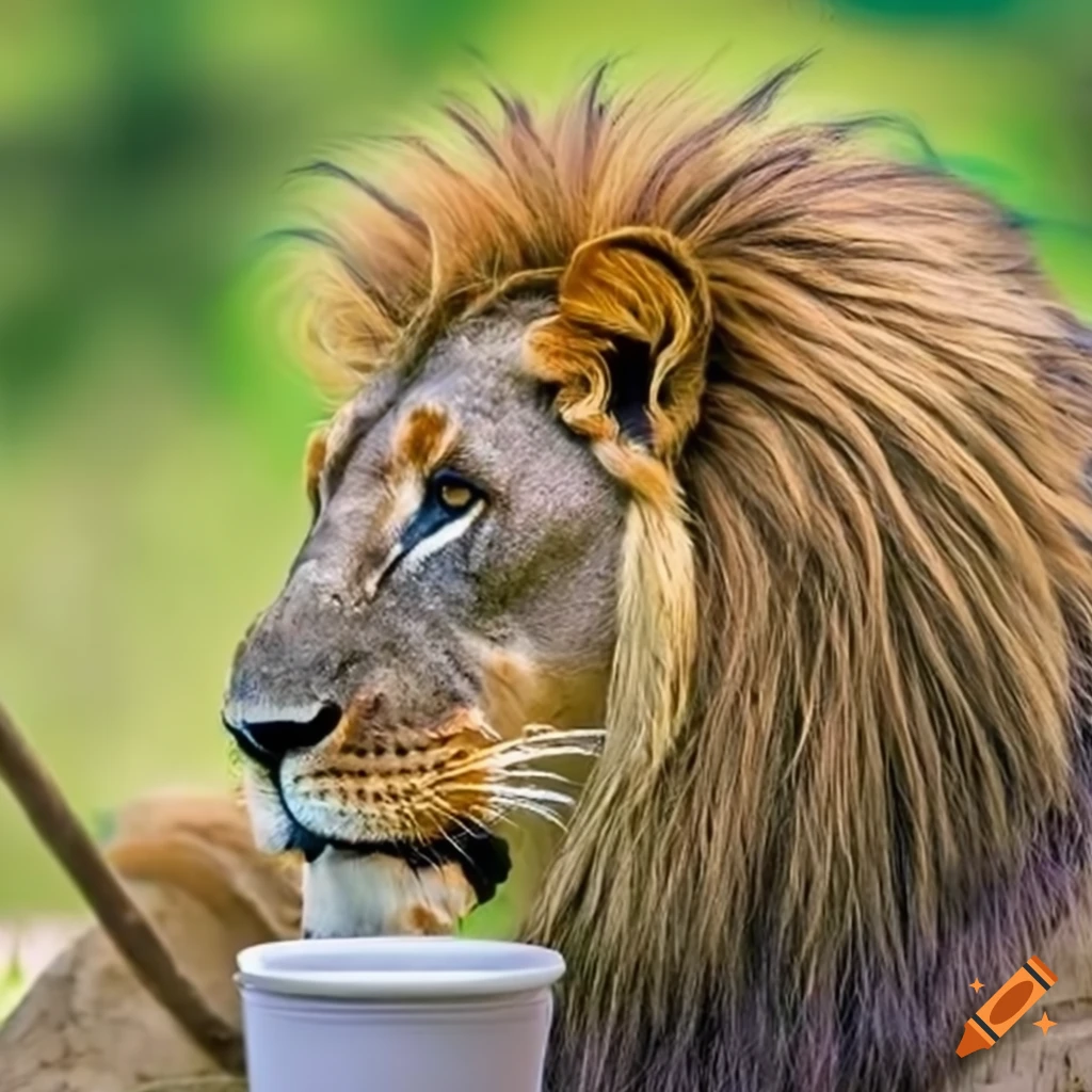 Lion in the jungle with a plastic coffee cup on Craiyon