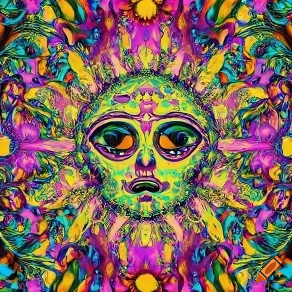 Psychedelic happy sun with wildflowers and aliens pattern on Craiyon