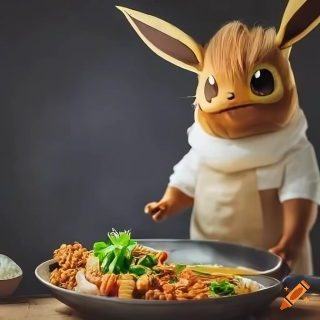 Artwork of eevee cooking an intricate meal in the kitchen on Craiyon