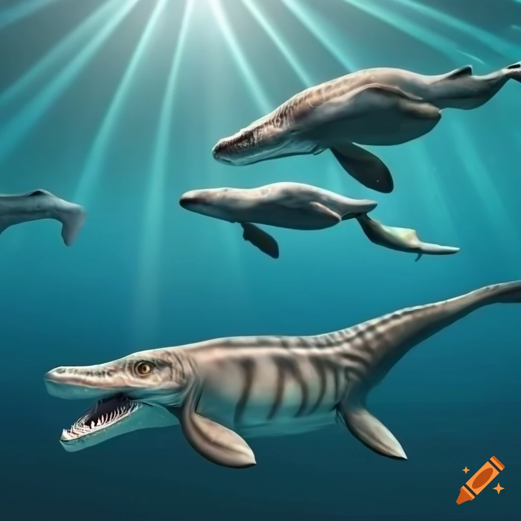 3D render of mosasaur-like animals swimming underwater amidst sun rays ...