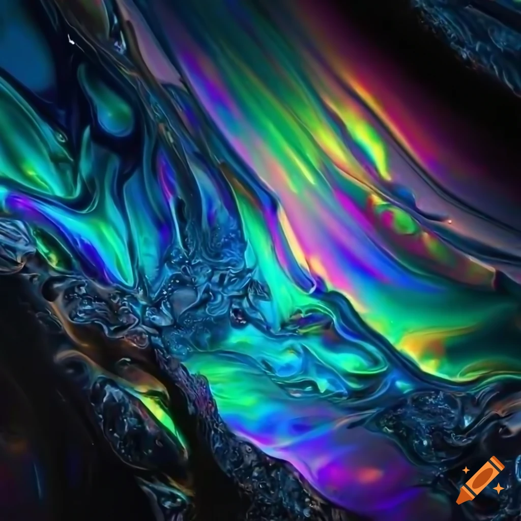 Iridescent liquid trickling down dark surface resembling diamonds on ...
