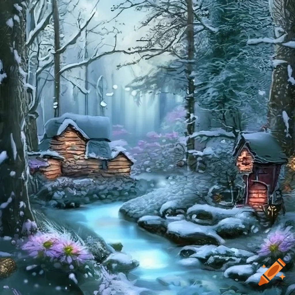 Whimsical winter wonderland with a fantasy forest, a small brook, and a ...
