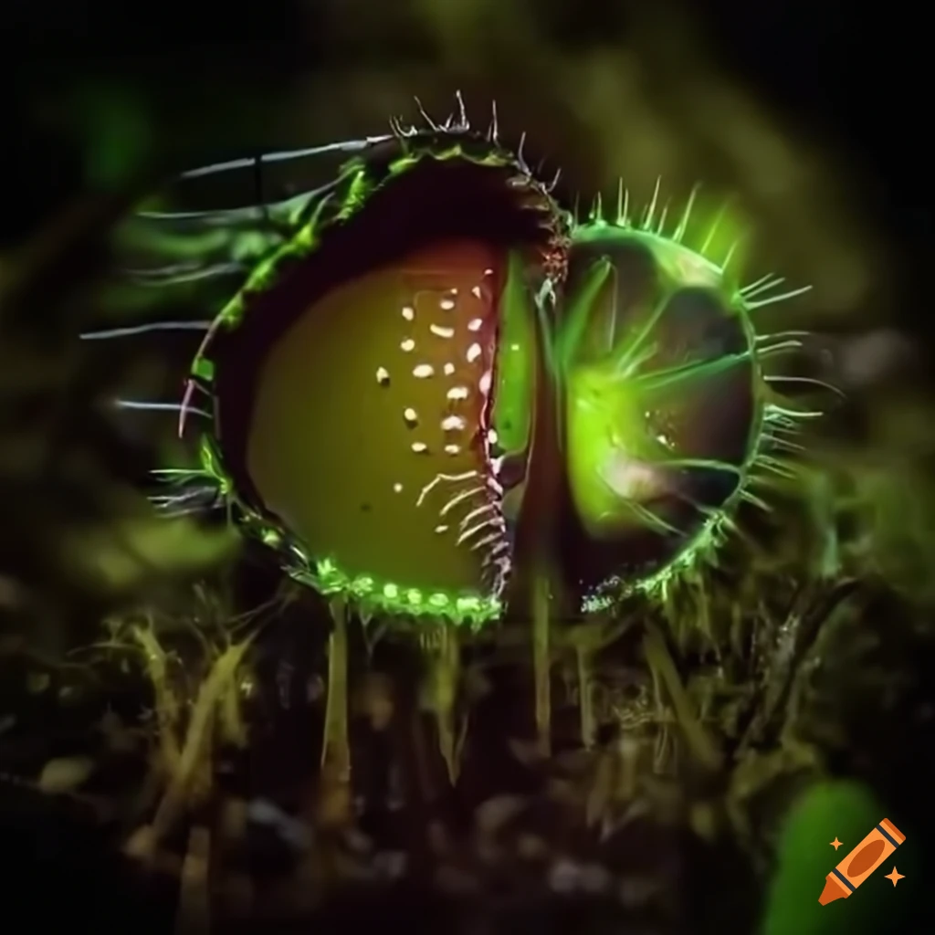 Glowing biopunk venus flytrap creature in a moss-covered cityscape on Craiyon
