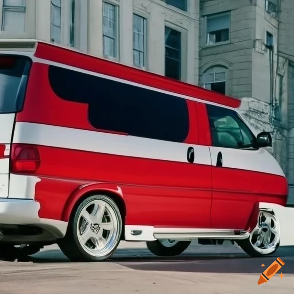 Volkswagen eurovan with guards red paint and porsche wheels on Craiyon
