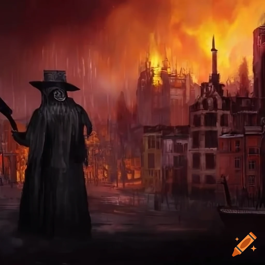 Post-apocalyptic victorian city with firepits in snow and rain ...