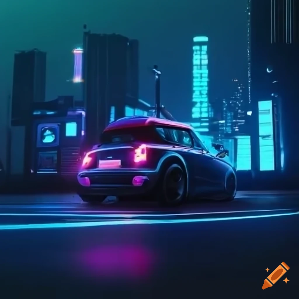 Mini cooper in a blue neo-tokyo synthwave setting on Craiyon
