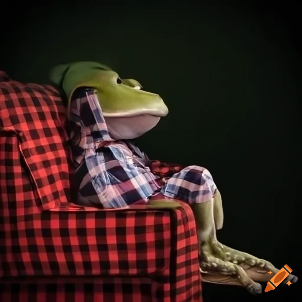 Tired anthropomorphic frog sleeping in armchair with plaid shirt and ...
