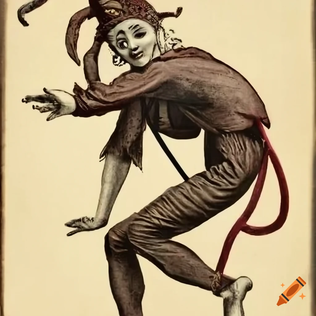 Antique jester performing an acrobatic cartwheel on Craiyon