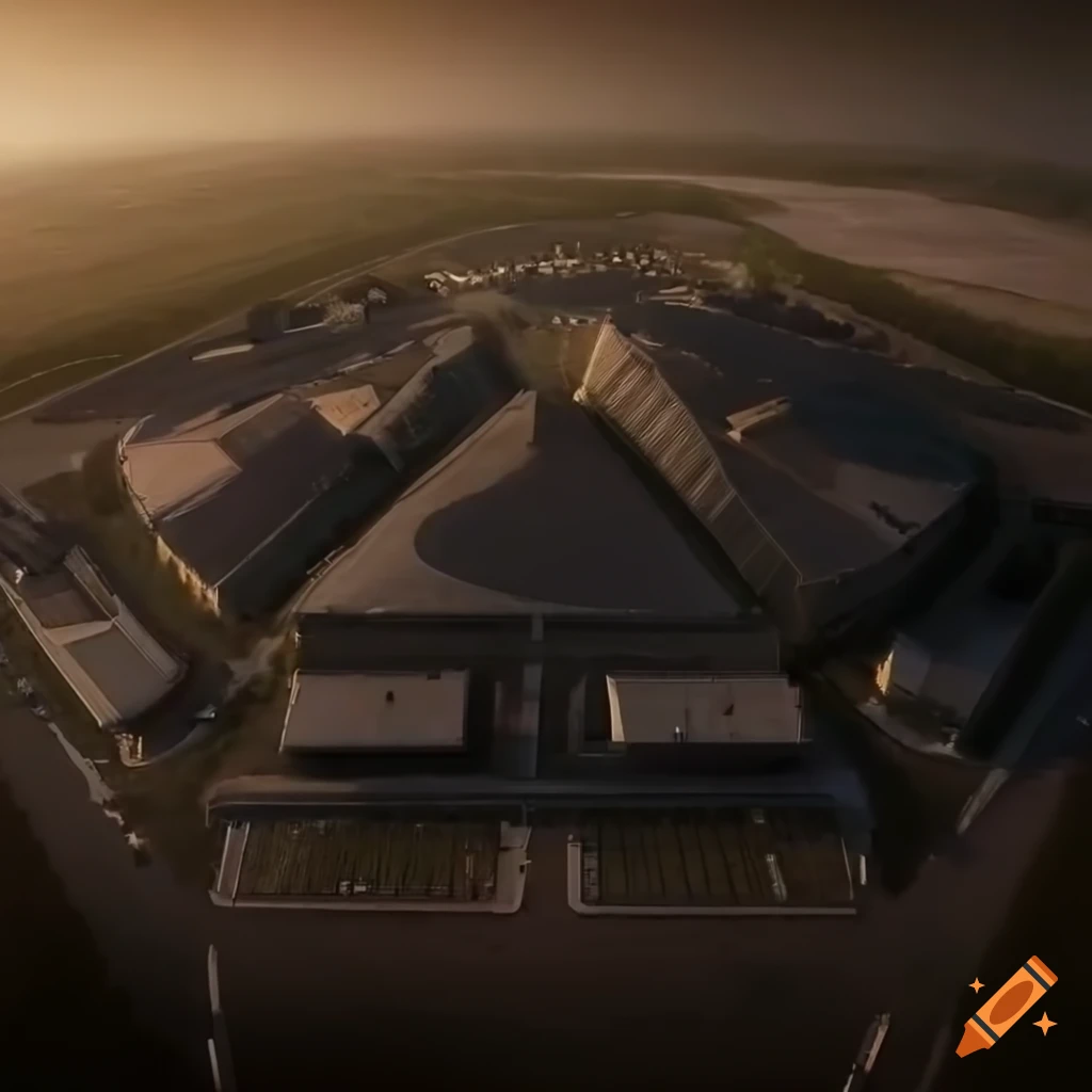 Aerial view of a modern military base with towering structures in a ...