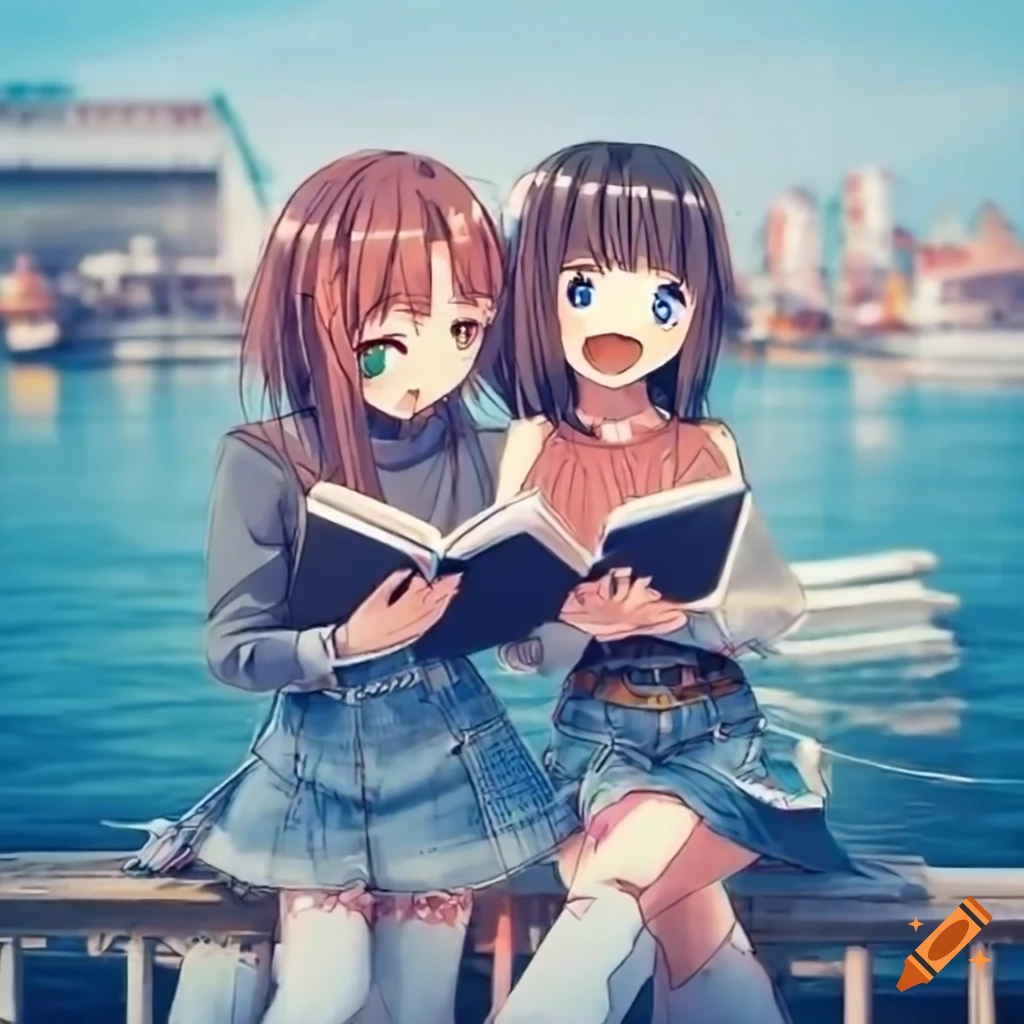 Cheerful anime girls reading books at a crowded harbor quay on Craiyon