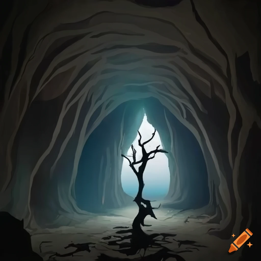 Black dead tree in a cave on Craiyon