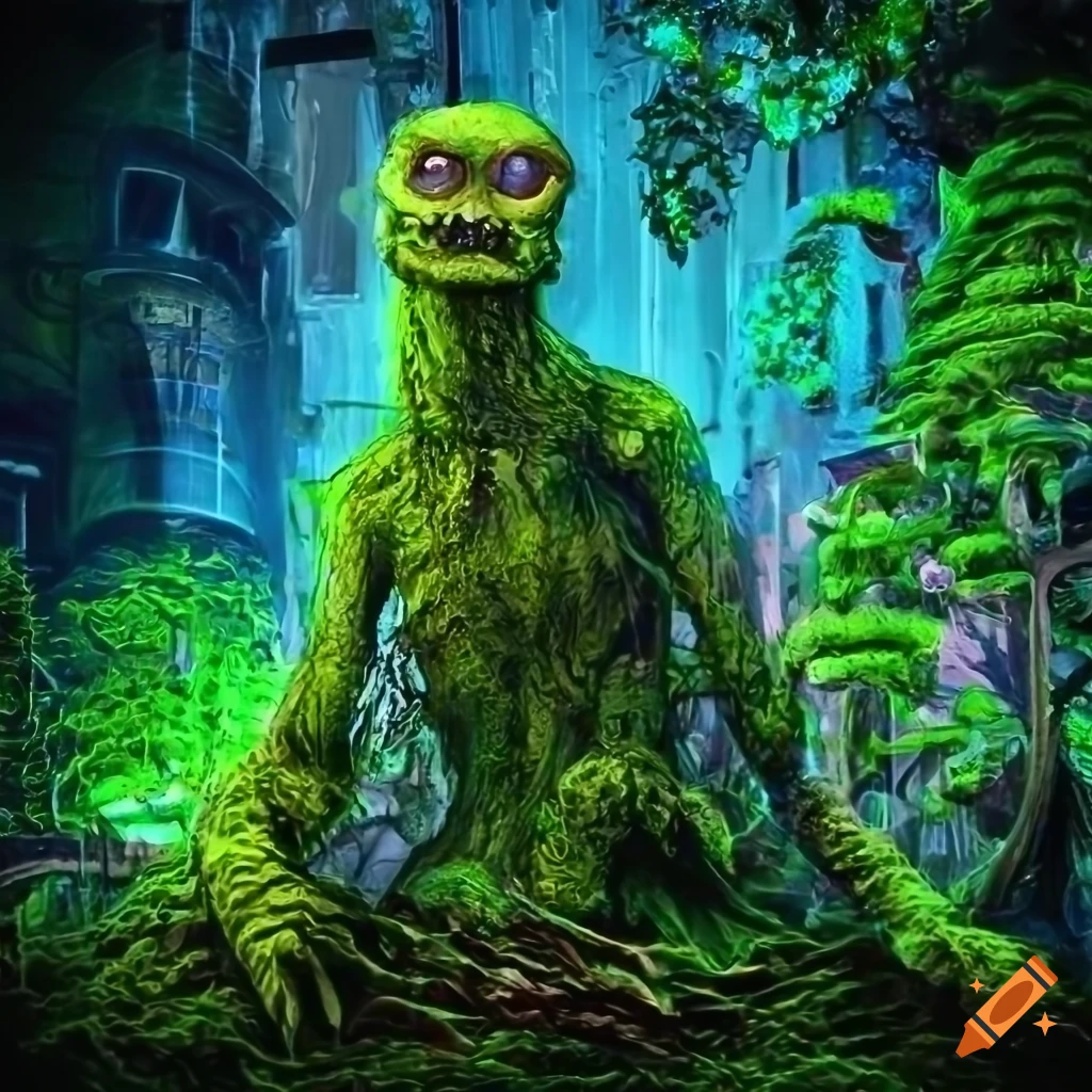 Biopunk cityscape with glowing green moss, plants, mushrooms, and ...