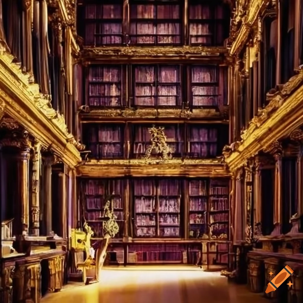 Library with gold, crystals, plants, and soft purple light on Craiyon