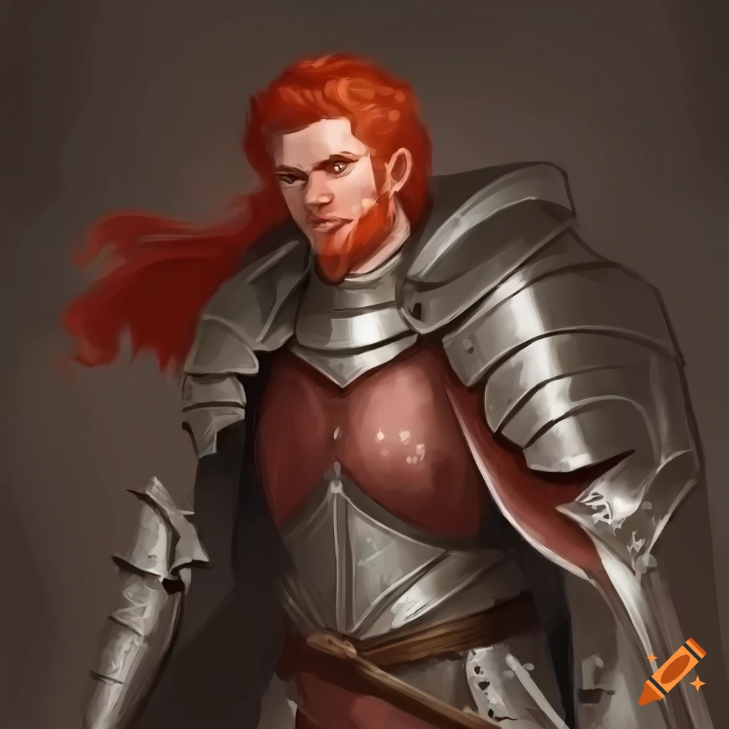 Valiant red-haired paladin in armor with raised shield on Craiyon