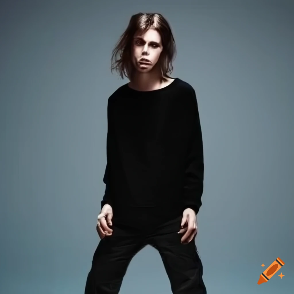 Unnatural young man with red skin in black outfit on Craiyon